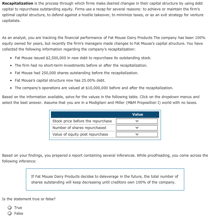 Solved Recapitalization is the process through which firms | Chegg.com