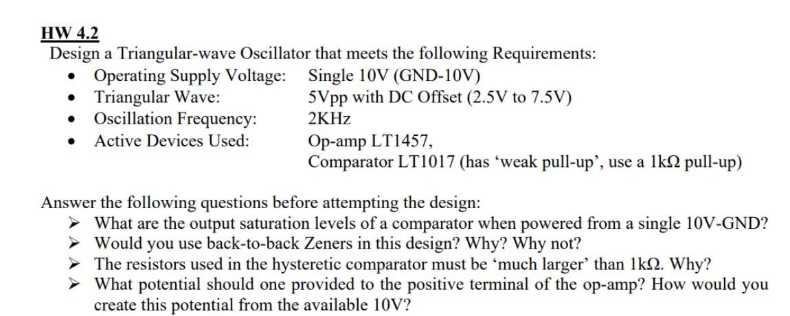 Solved HW 4.2 Design a Triangular-wave Oscillator that meets | Chegg.com