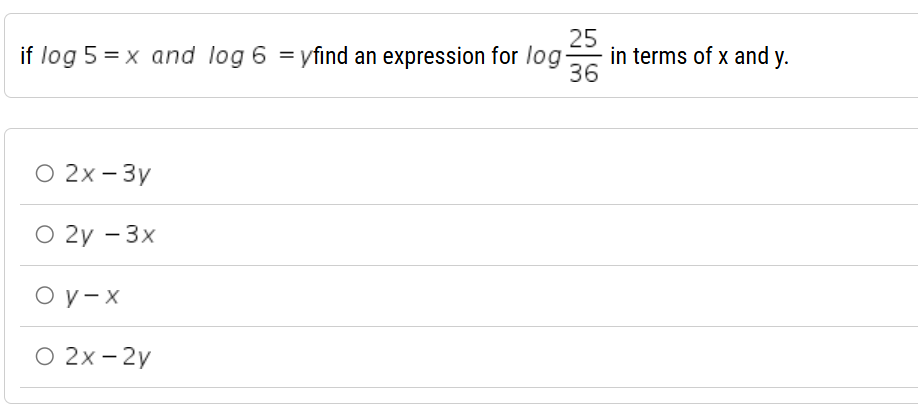 Solved code class="asciimath">if log5=x and log6=y find an | Chegg.com
