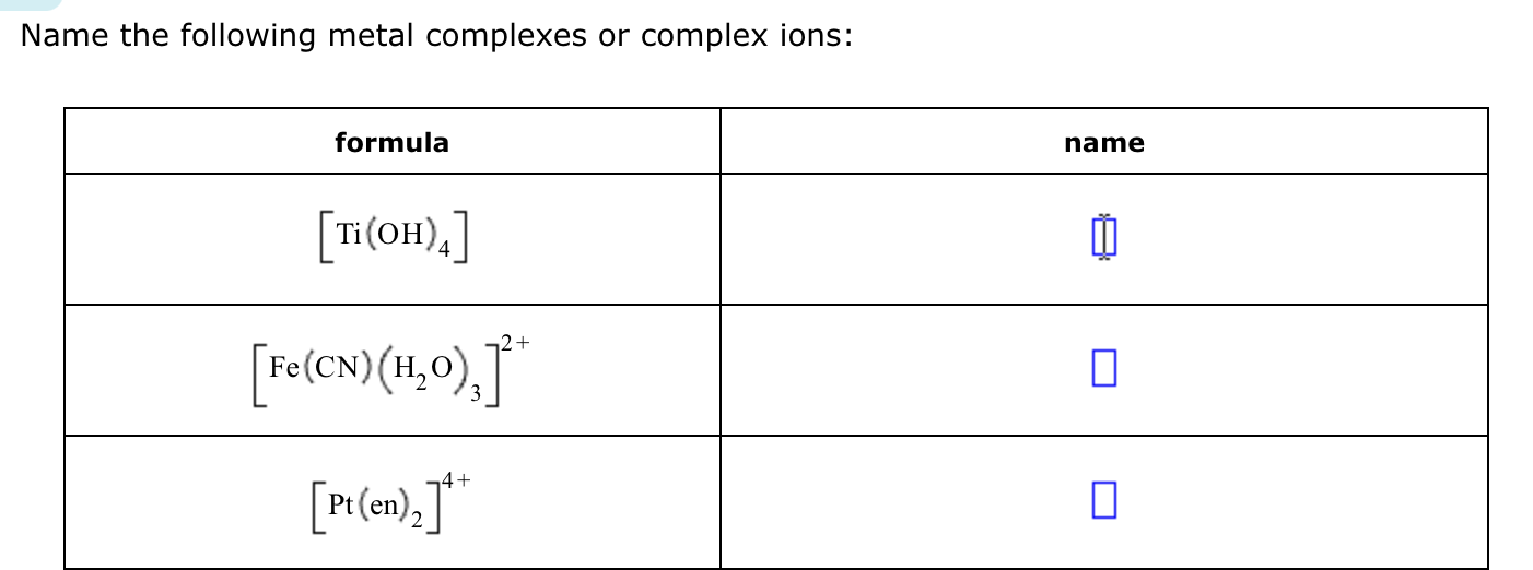 Solved Name the following metal complexes or complex ions: | Chegg.com