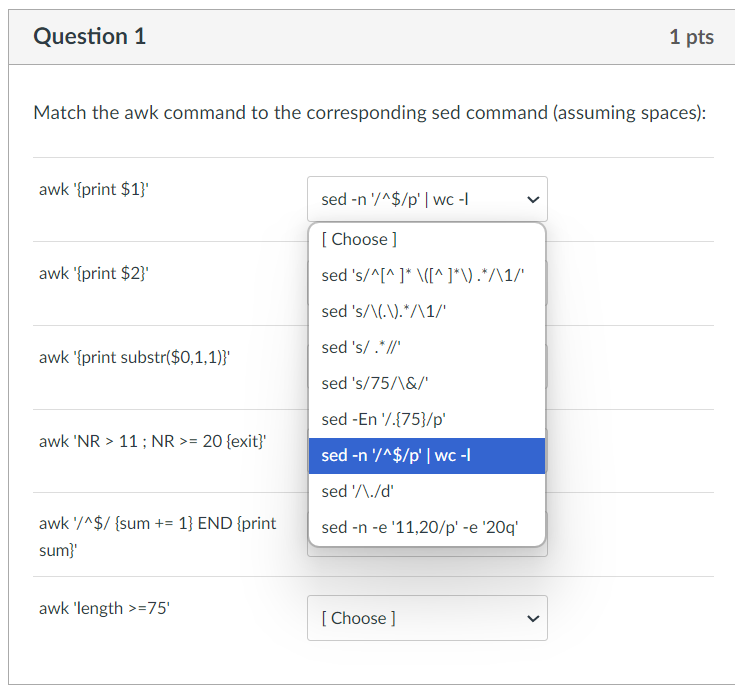 Solved Question 1Match the awk command to the corresponding | Chegg.com