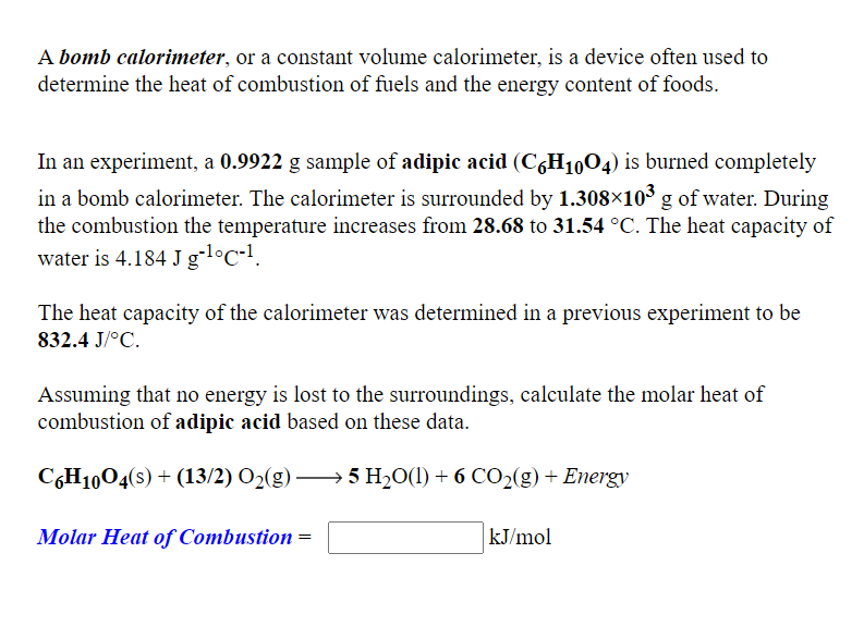 Solved A bomb calorimeter, or a constant volume calorimeter, | Chegg.com
