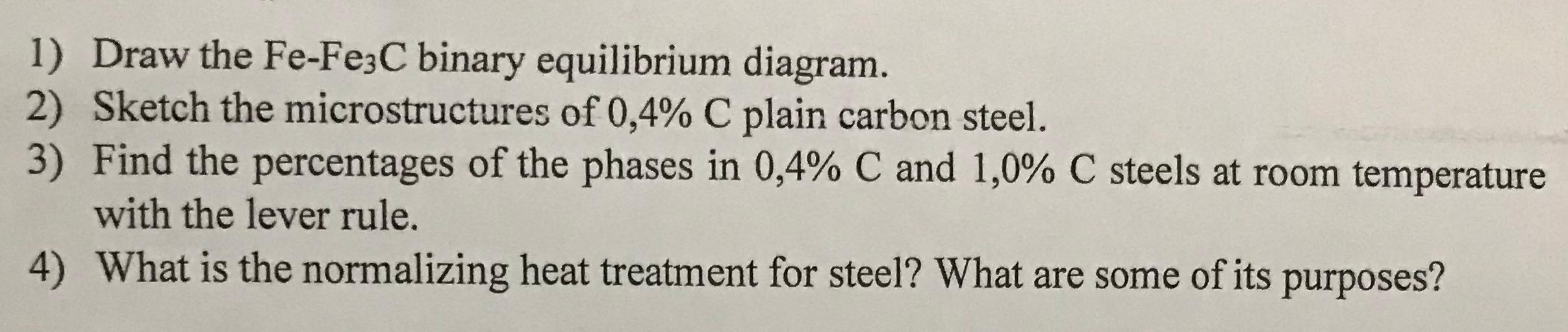 Solved 1) Draw the Fe-Fe3C binary equilibrium diagram. 2) | Chegg.com