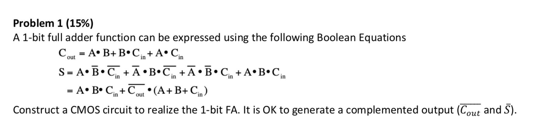 Solved Problem 1 (15%) A 1-bit full adder function can be | Chegg.com