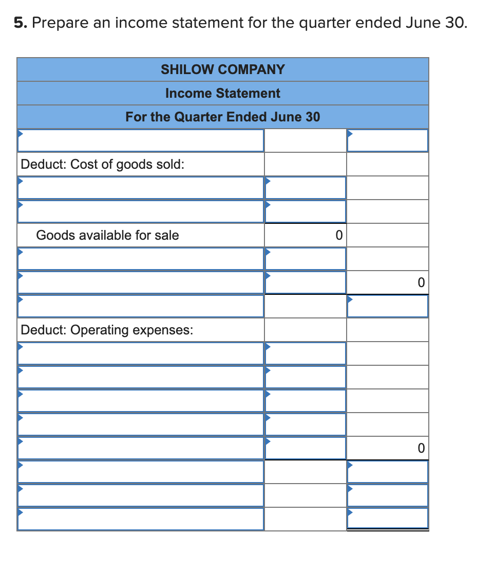 5. Prepare an income statement for the quarter ended | Chegg.com