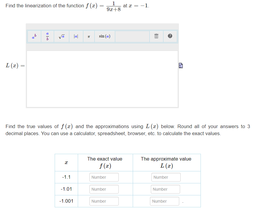Solved Find the linearization of the function f(x)=9x+81 at | Chegg.com