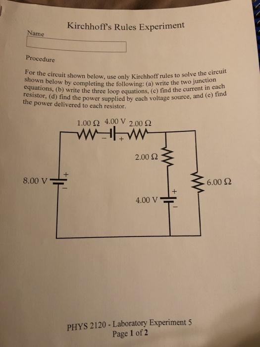 Solved Kirchhoffs Rules Experiment Name Procedure For the | Chegg.com