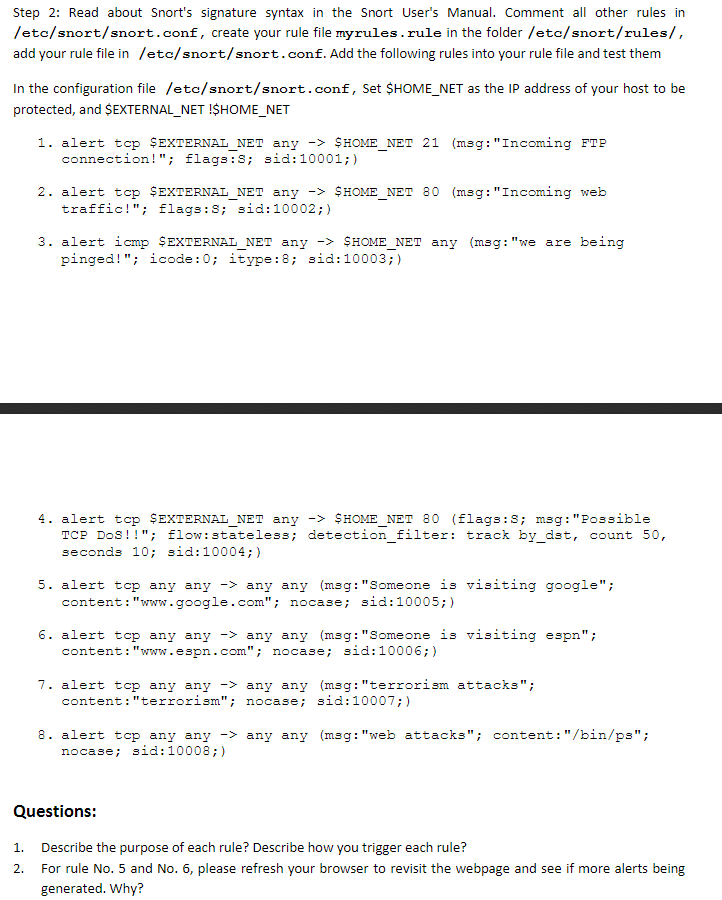 Step 2: Read about Snort's signature syntax in the | Chegg.com