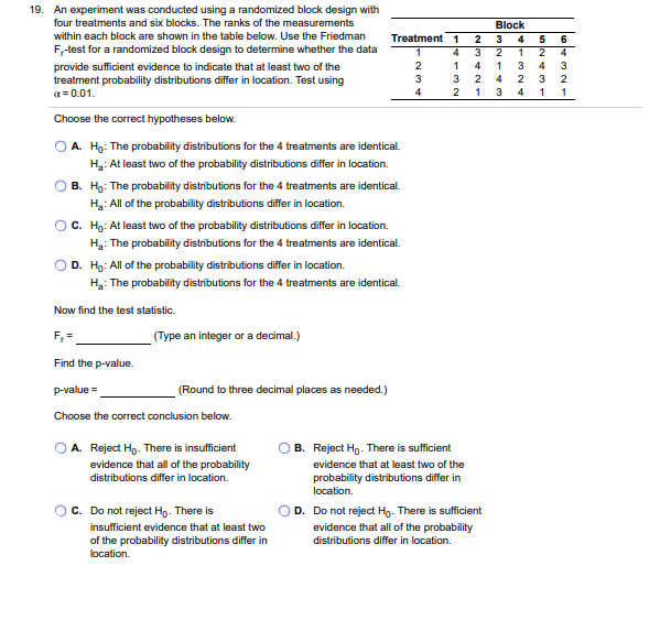 Solved An experiment was conducted using a randomized block | Chegg.com