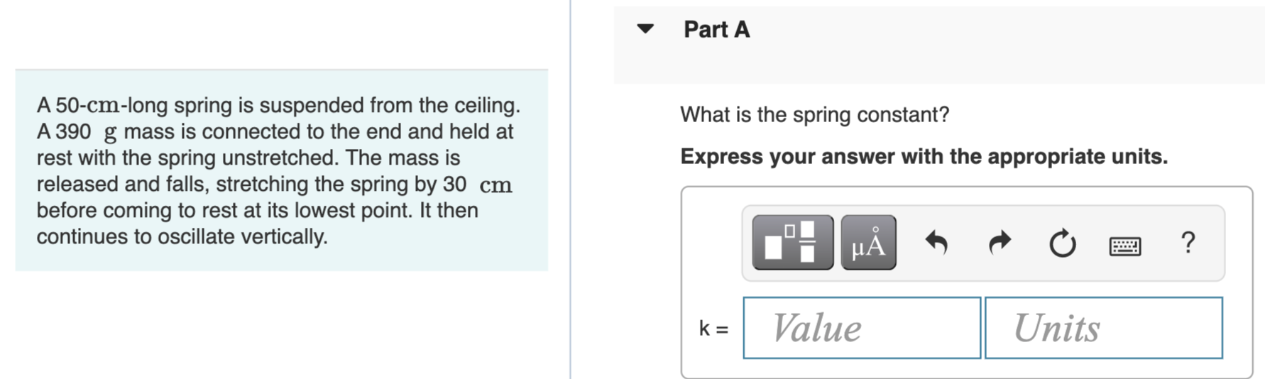 Solved A 50−cm-long spring is suspended from the ceiling. | Chegg.com