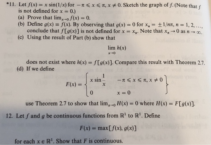 Solved * 11. Let f(x)-x sin(1/x) for-π