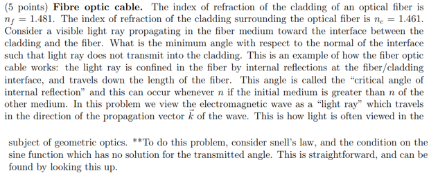 Solved (5 points) Fibre optic cable. The index of refraction | Chegg.com