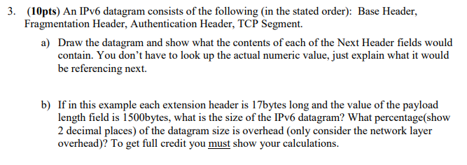 Solved 3. (10pts) An IPv6 datagram consists of the following | Chegg.com