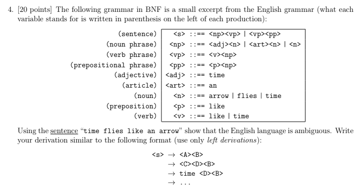 4. [20 points) The following grammar in BNF is a | Chegg.com