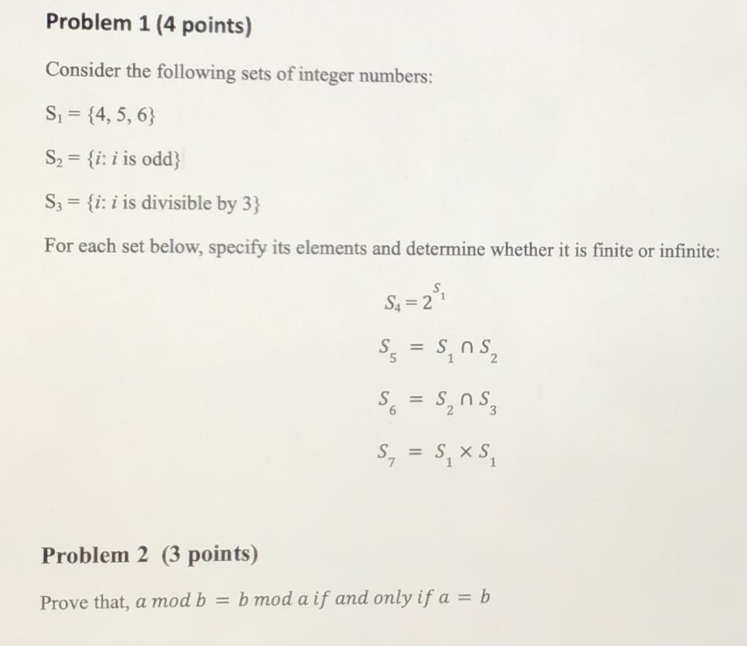 Solved Consider the following sets of integer numbers: | Chegg.com