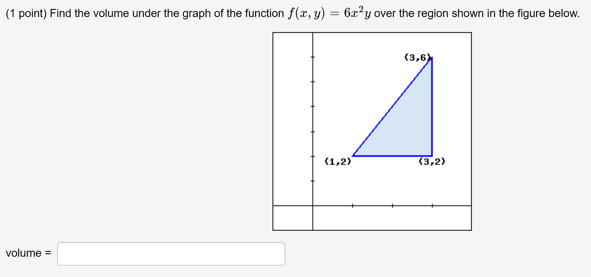 Solved (1 point) Find the volume under the graph of the | Chegg.com
