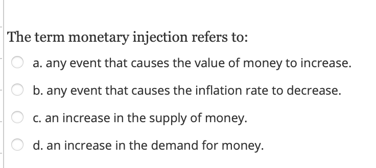 Solved The term monetary injection refers to: a. any event | Chegg.com