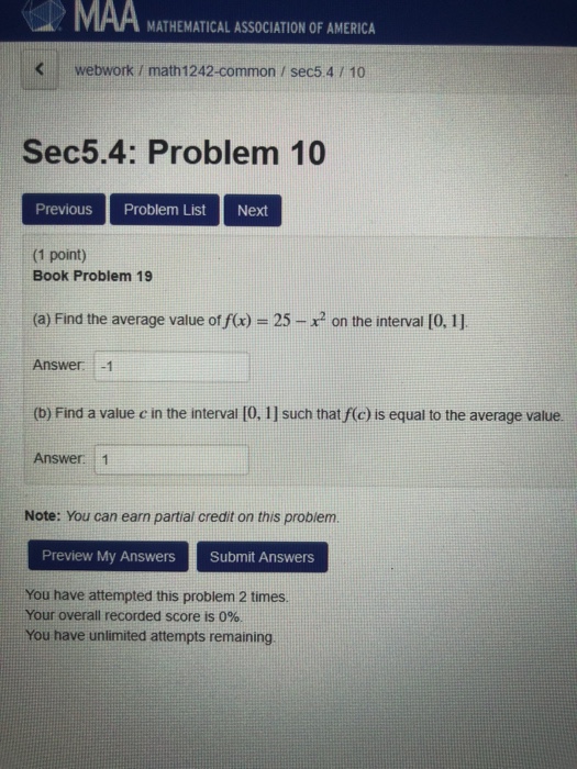 Solved MAA MATHEMATICAL ASSOCIATION OF AMERICA Kwebwork / | Chegg.com