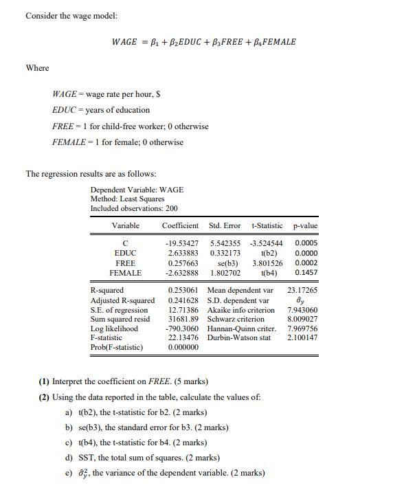 Solved Consider the wage model: WAGE = B1 + B2EDUC + B3FREE | Chegg.com