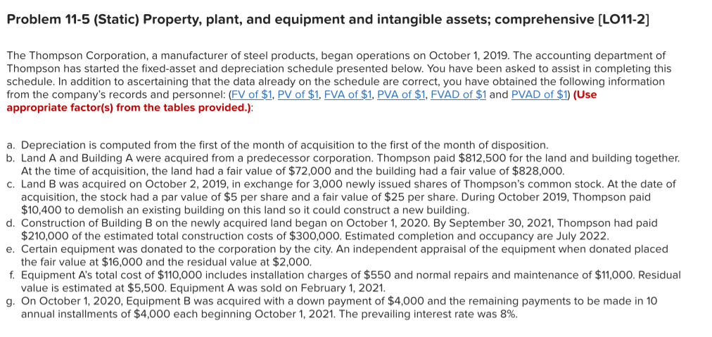 Solved Problem 11-5 (Static) Property, plant, and equipment | Chegg.com