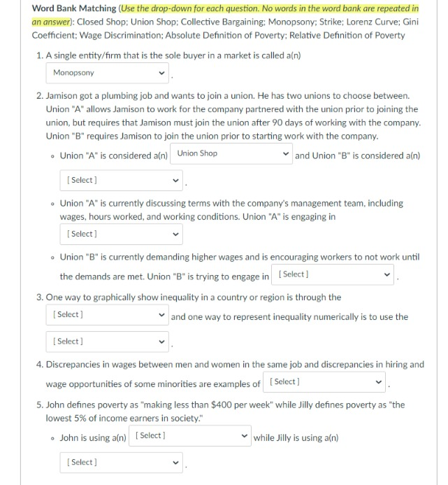 Word Bank Matching (Use the drop-down for each | Chegg.com