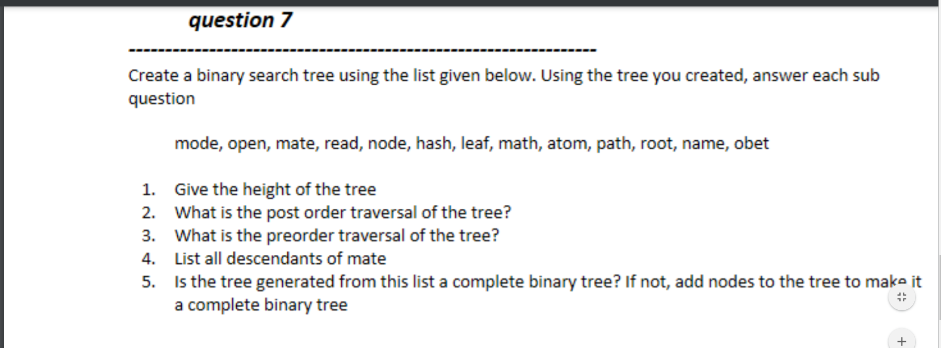 Solved Question 7 Create A Binary Search Tree Using The List 2288