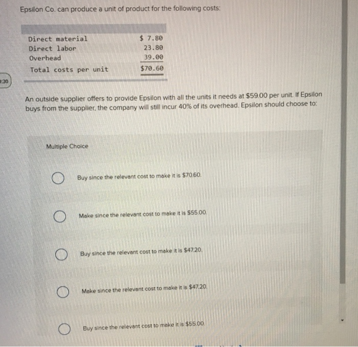 Solved Epsilon Co. can produce a unit of product for the | Chegg.com