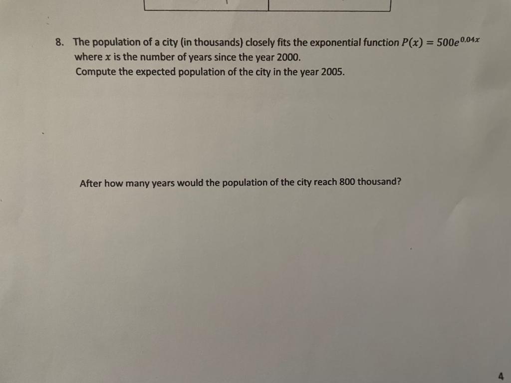 Solved 8. The population of a city (in thousands) closely | Chegg.com