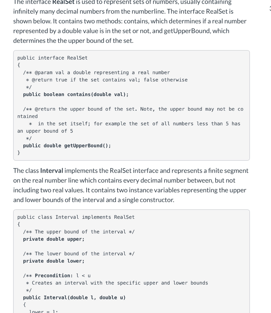Solved The interface RealSet is used to represent sets of | Chegg.com