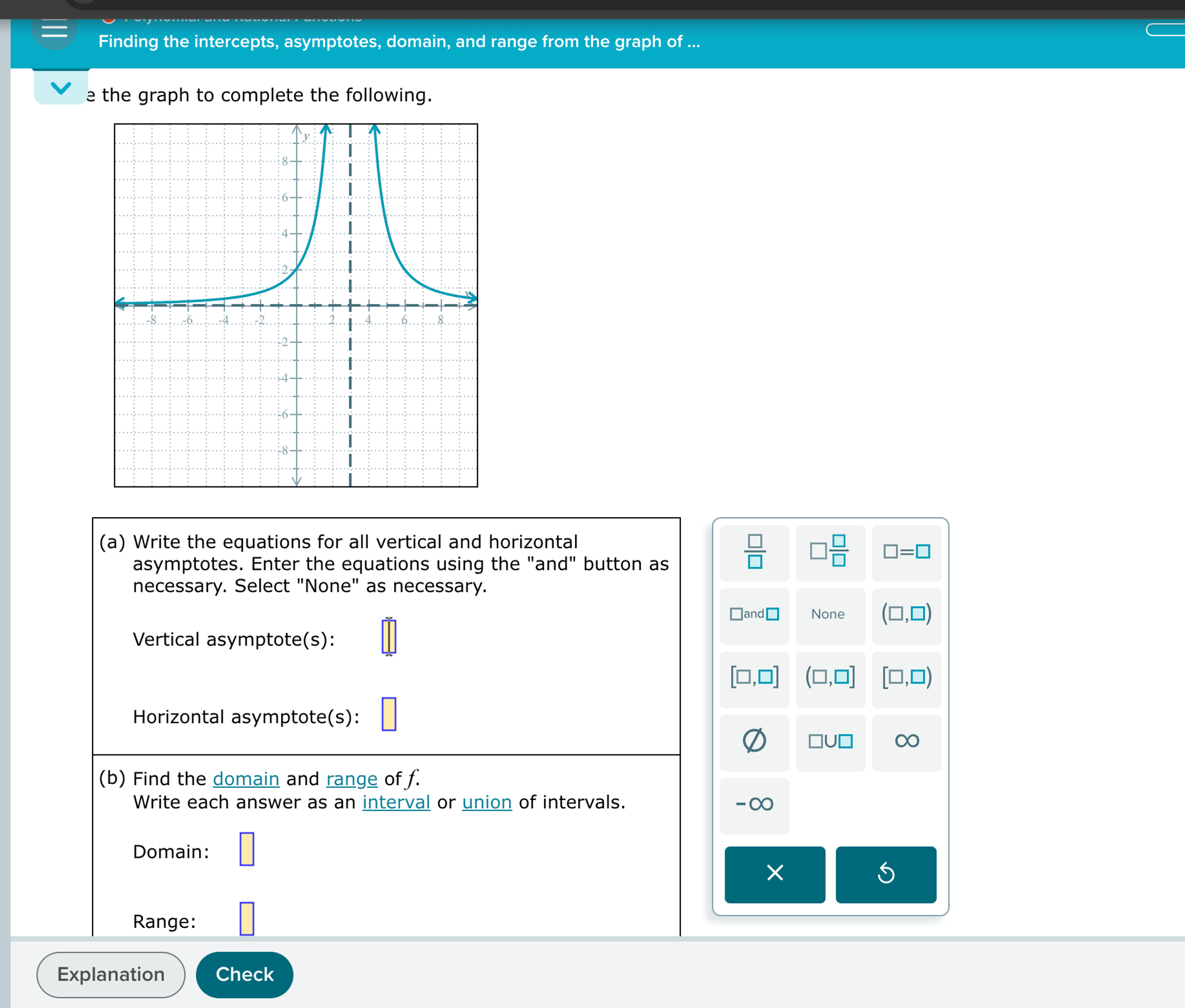 Solved Finding the intercepts, asymptotes, domain, and range | Chegg.com
