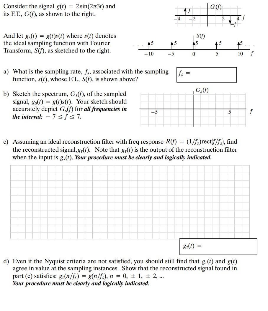 Solved = Consider the signal g(t) 2 sin(243t) and its F.T., | Chegg.com