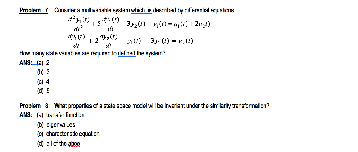 Solved 2 dyz(t) Problem 7: Consider a multivariable system | Chegg.com