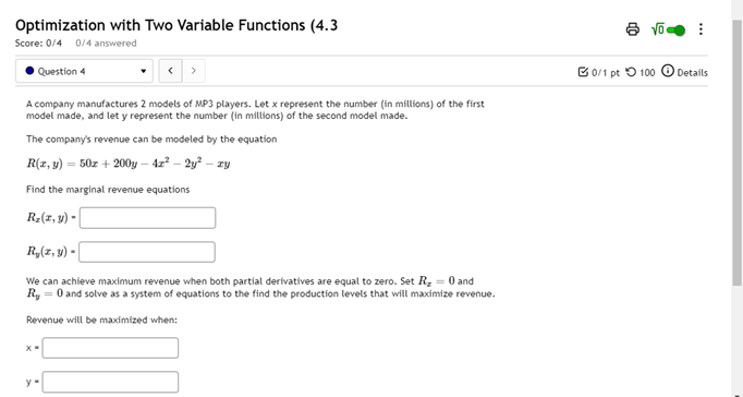 Solved Optimization with Two Variable Functions (4.3 Score: | Chegg.com