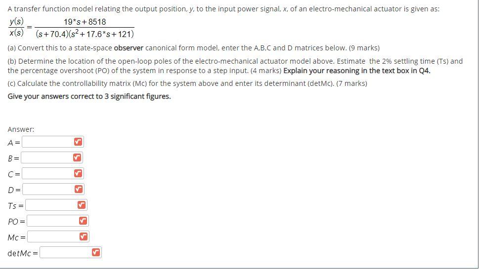 Solved = A transfer function model relating the output | Chegg.com