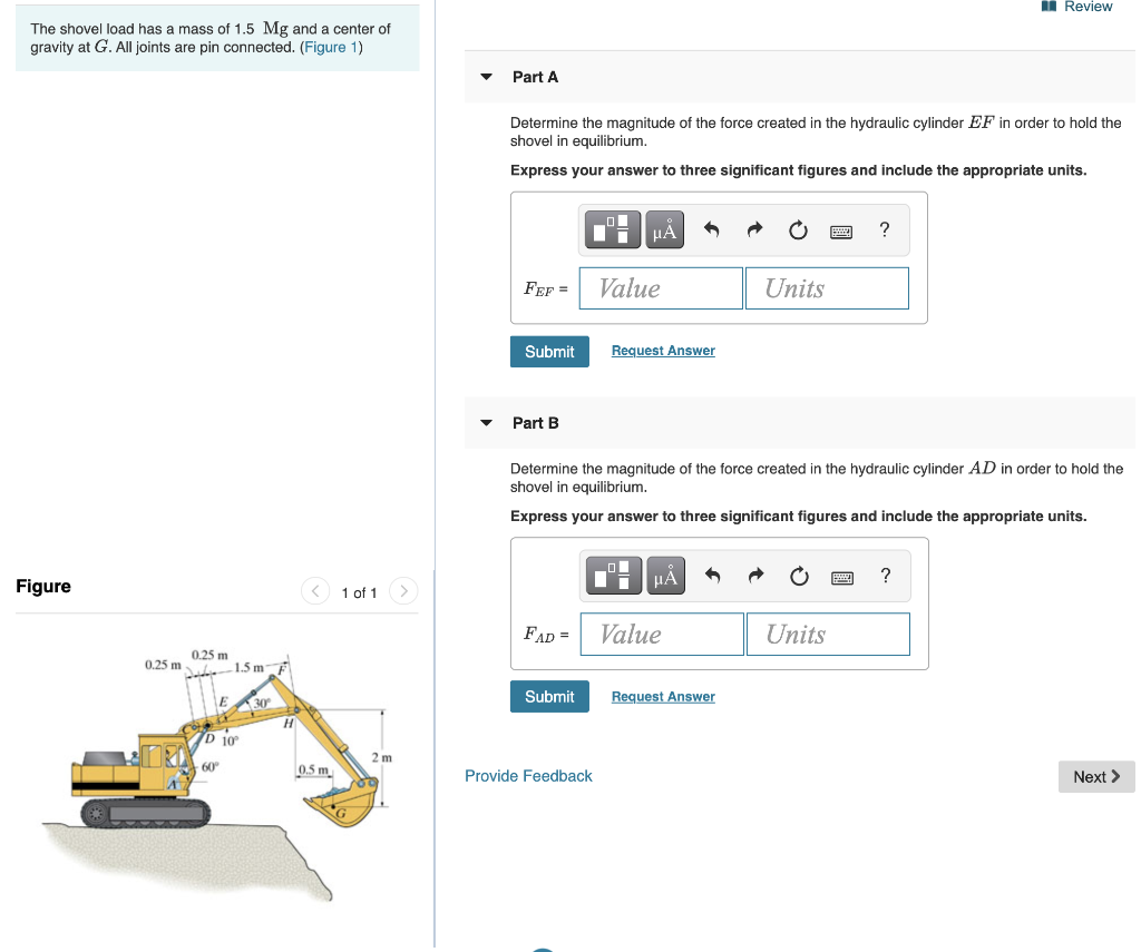 Solved 1 Review The shovel load has a mass of 1.5 Mg and a | Chegg.com