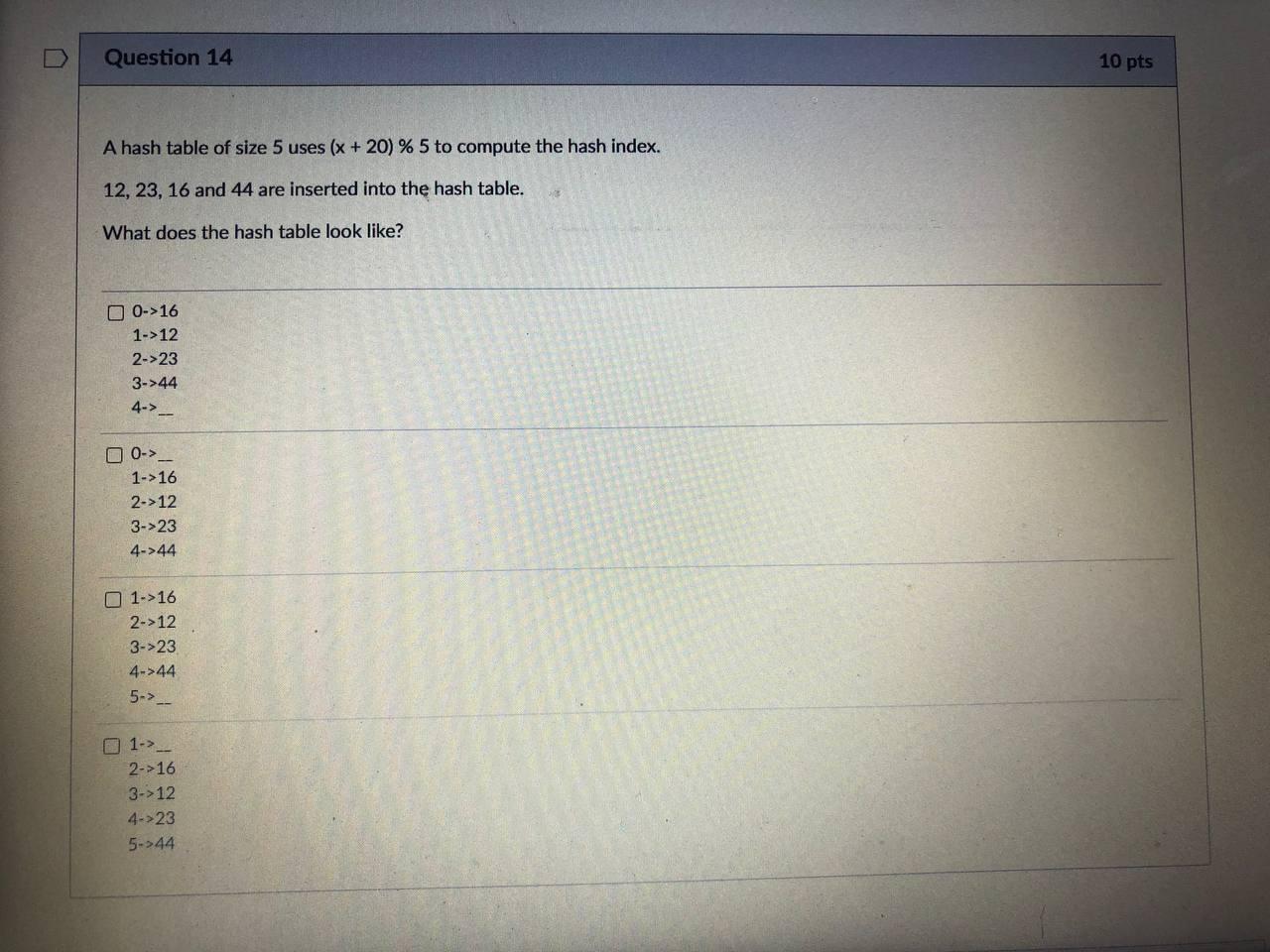 Solved Question 14 A hash table of size 5 uses (x+20) % 5 to | Chegg.com