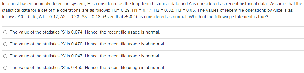 Solved In a host-based anomaly detection system, H is | Chegg.com