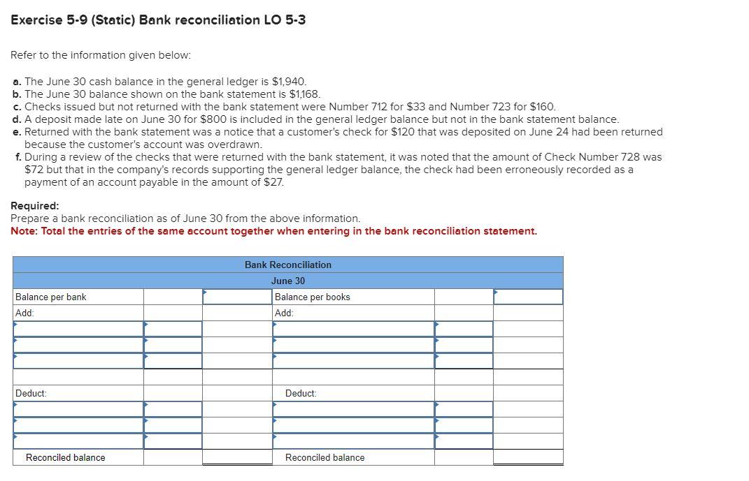 Solved Exercise 5-9 (Static) Bank reconciliation LO 5-3 | Chegg.com