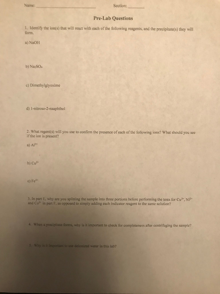 Solved Name: Section: Pre-Lab Questions 1. Identify the | Chegg.com