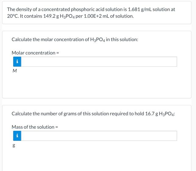 Solved The density of a concentrated phosphoric acid | Chegg.com
