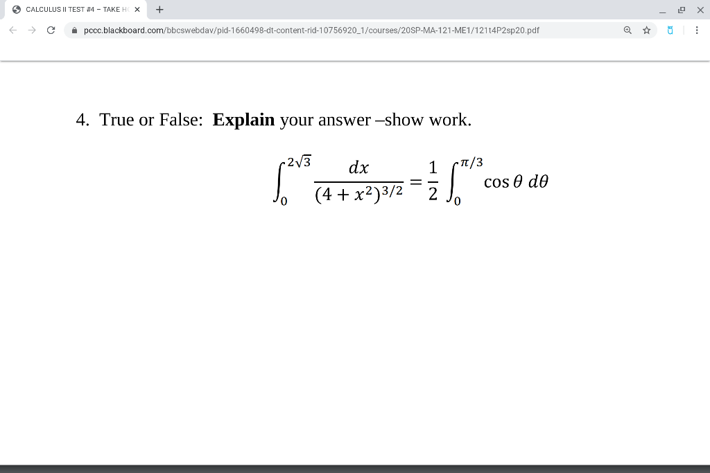 Solved CALCULUS II TEST #4 - TAKE HX + - X F C | Chegg.com