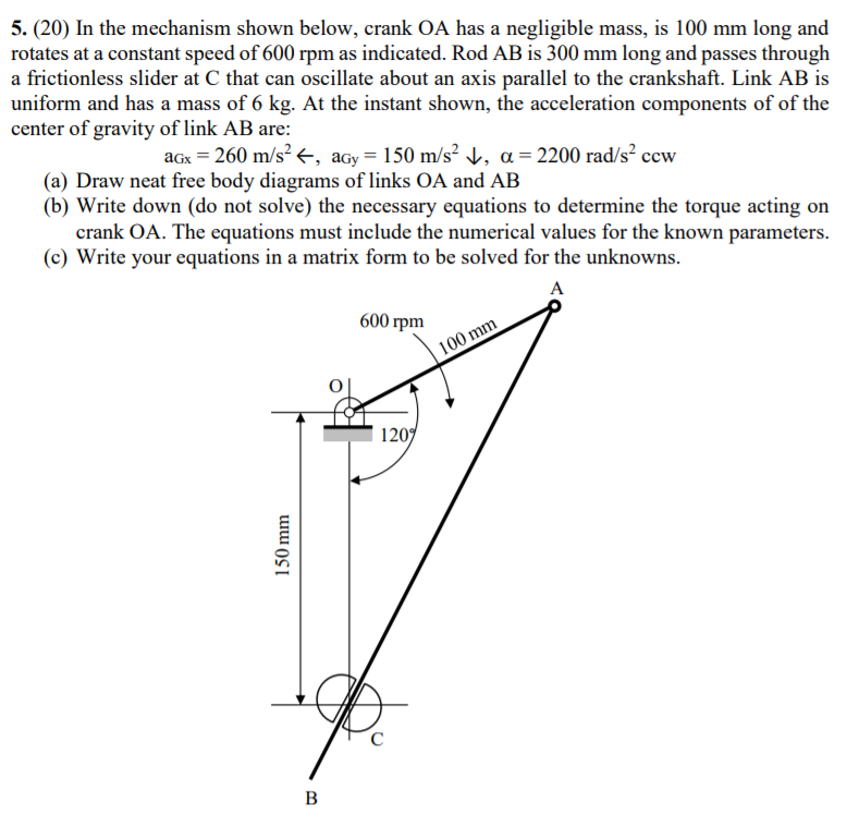 5. (20) In the mechanism shown below, crank OA has a | Chegg.com