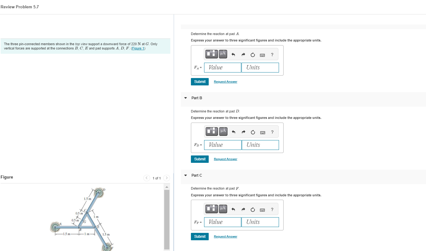 [Solved]: Determine the reaction at pad A. The three pin-co