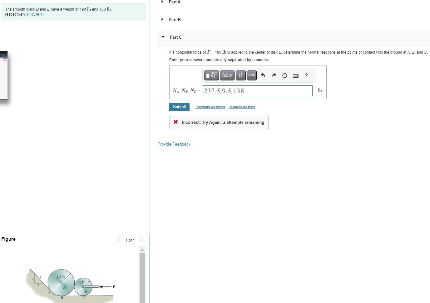 Solved The smooth disks D ﻿and E ﻿have a weight of 190lb | Chegg.com