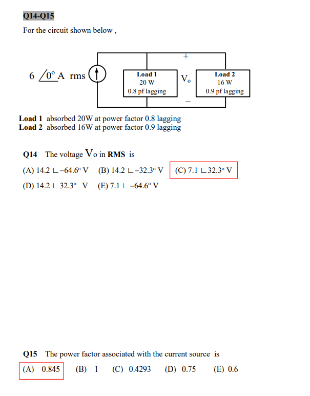 Solved Q14-Q15 For the circuit shown below, + 6 /0ºA rms | Chegg.com
