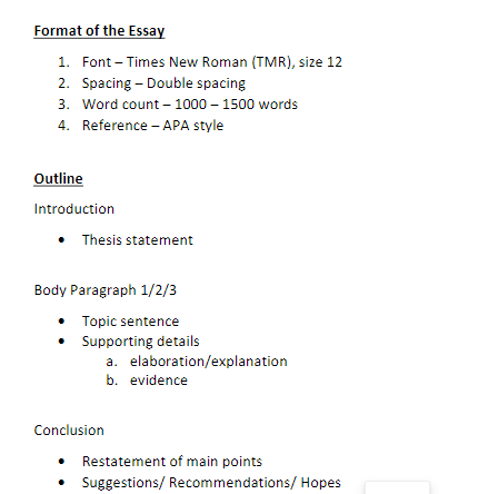 Solved Format of the Essay 1. Font - Times New Roman (TMR), | Chegg.com