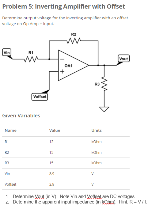 Solved Problem 5: Inverting Amplifier with Offset Determine | Chegg.com