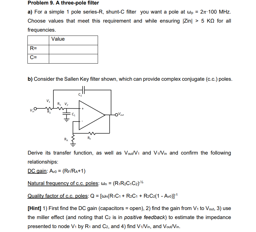 Solved Problem 9. A three-pole filter a) For a simple 1 pole | Chegg.com