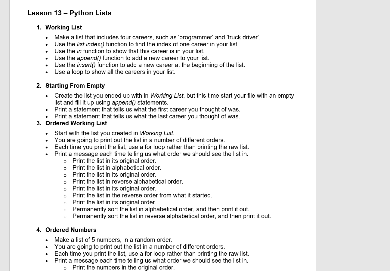 Solved Lesson 13 - Python Lists . 1. Working List Make a | Chegg.com