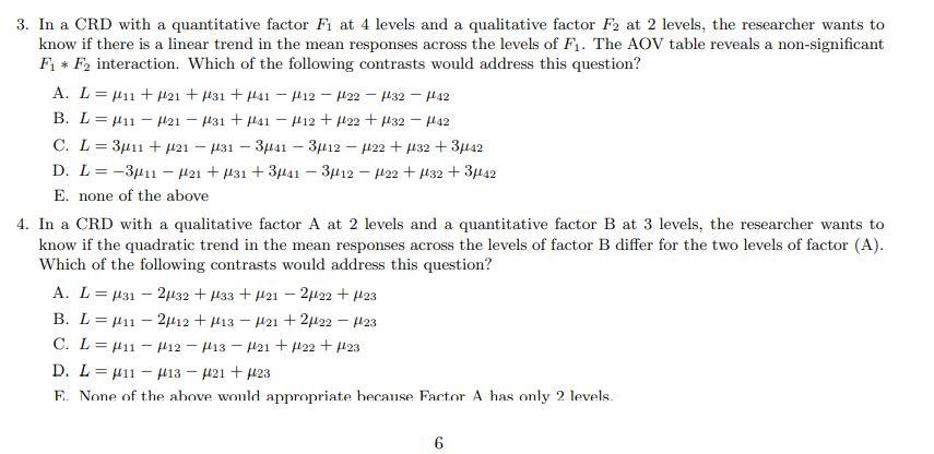 3. In a CRD with a quantitative factor Fi at 4 levels | Chegg.com